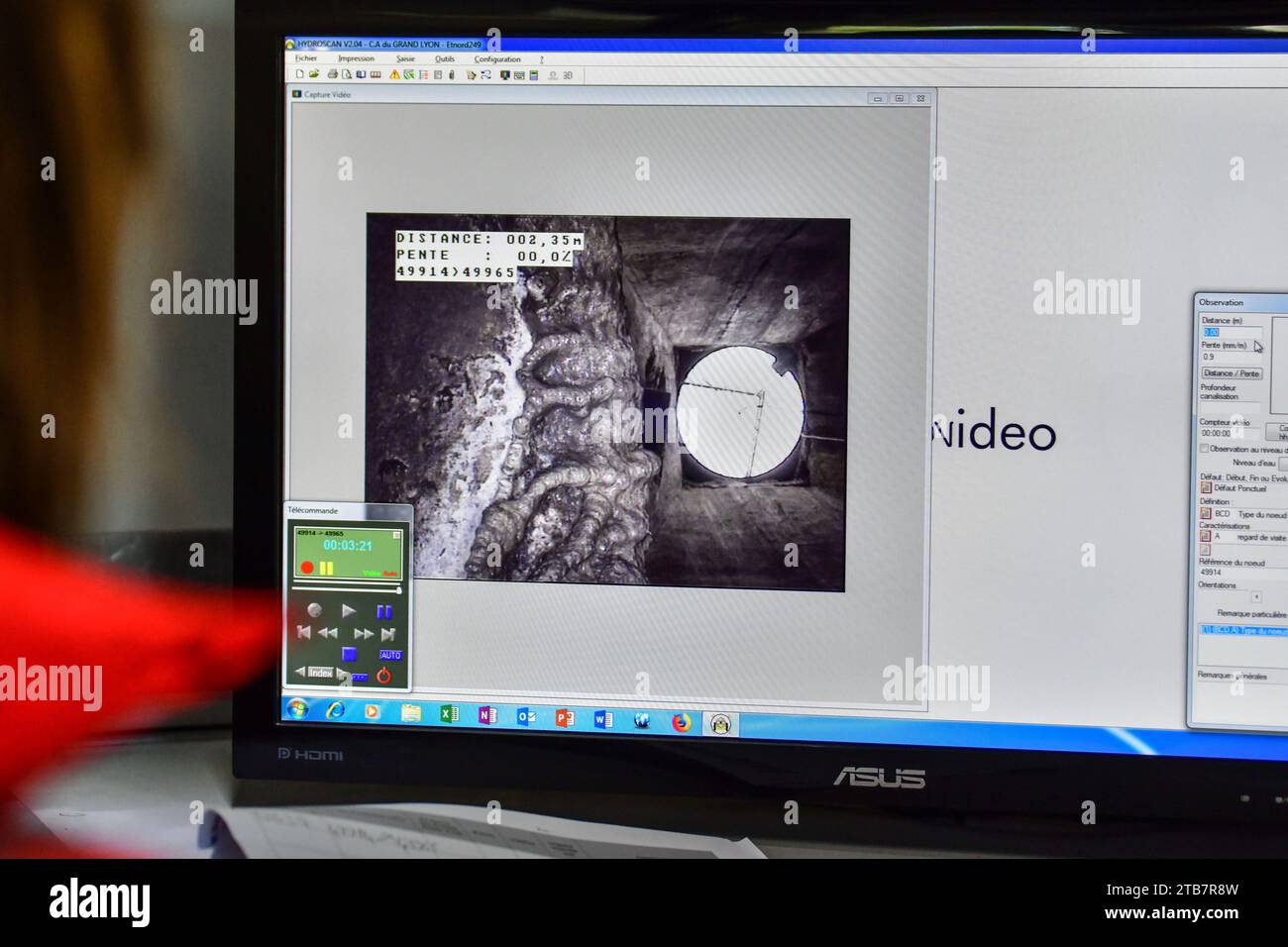 Sewer inspection with a robot camera. Computer image showing the inside ...