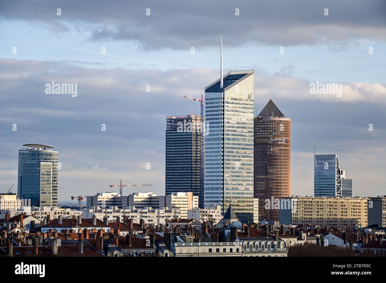 Lyon (central-eastern France): skyline in winter with skyscrapers of ...