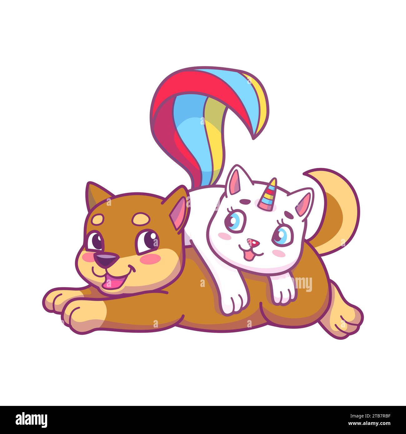 Cartoon cute caticorn playing with dog, funny animals friends cartoon ...