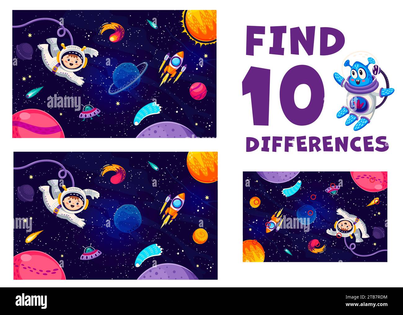 Find ten differences at space galaxy landscape with astronaut and ...