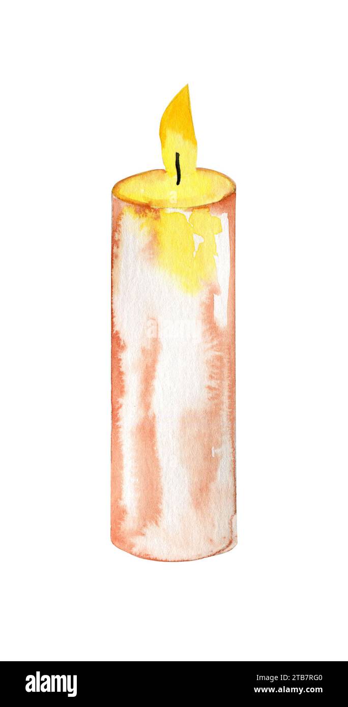 White burning candle watercolor illustration. Home decor on isolated ...