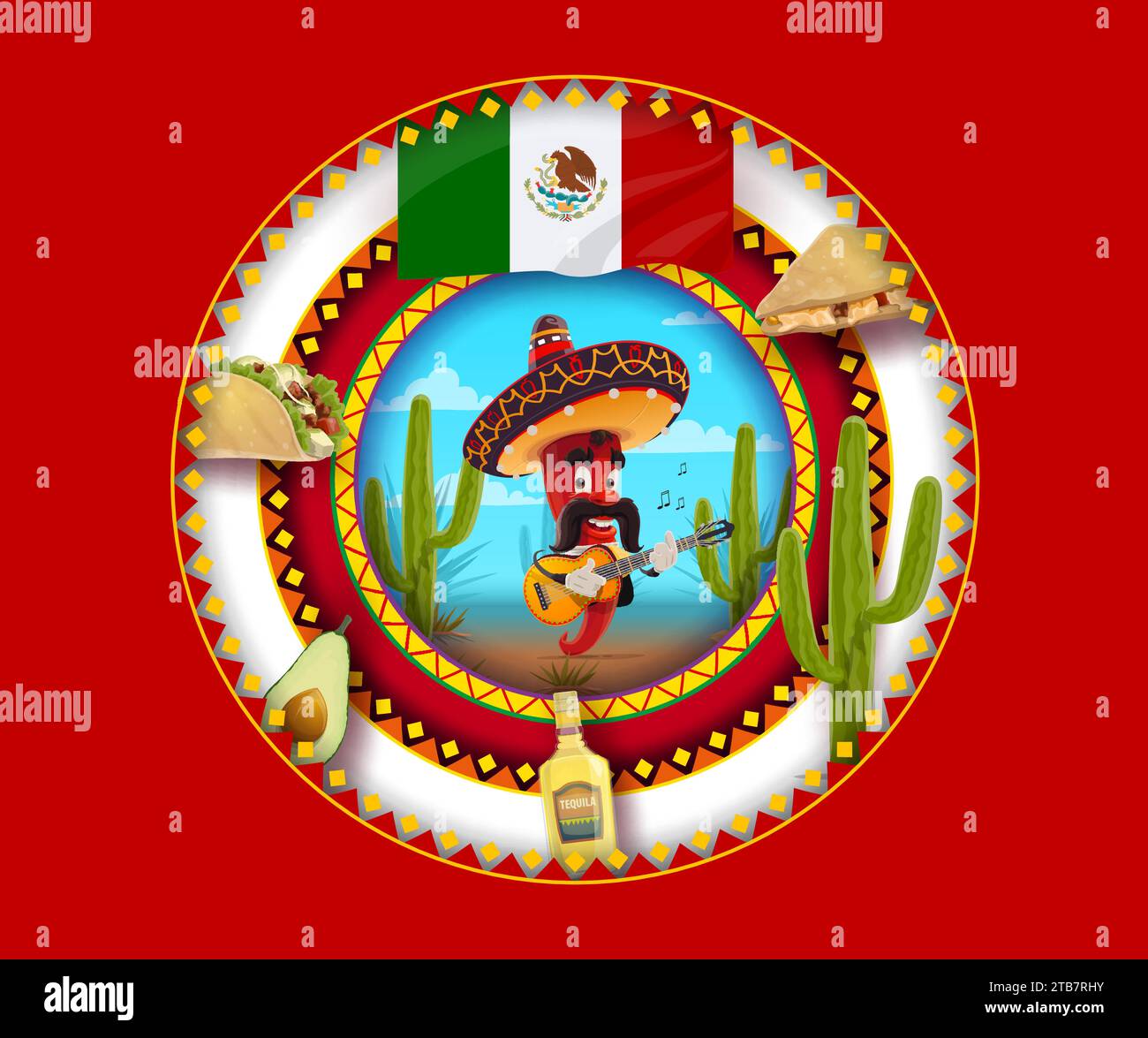 Mexican paper cut banner with mariachi pepper, national flag and tex ...