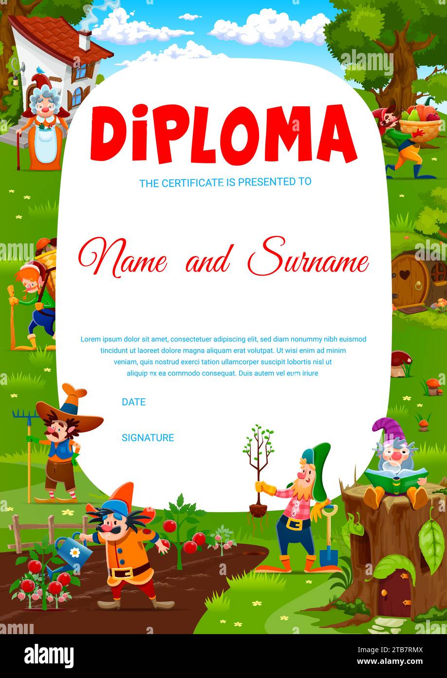 Kids diploma with cartoon fairytale funny gnomes. Vector education ...
