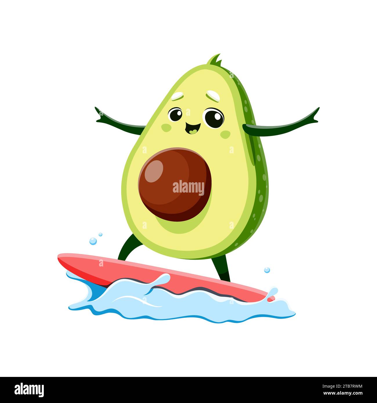 Cartoon kawaii Mexican avocado character with surfboard on sea wave ...