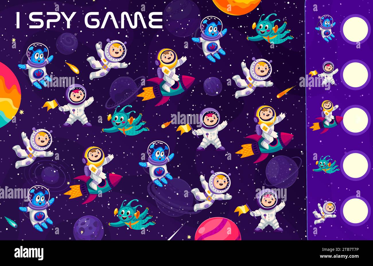 I spy game, cartoon spaceman and astronaut characters in outer space ...