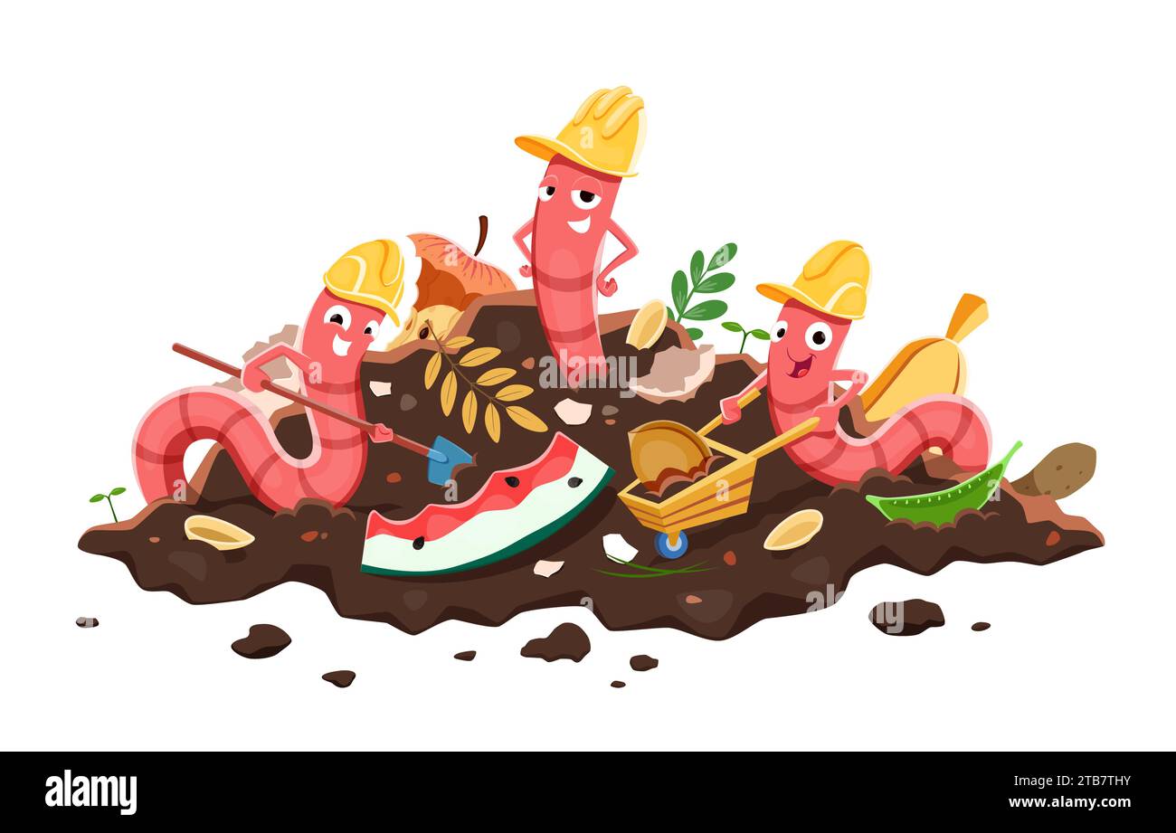 Cartoon earth worm builder characters in compost or soil humus of ...
