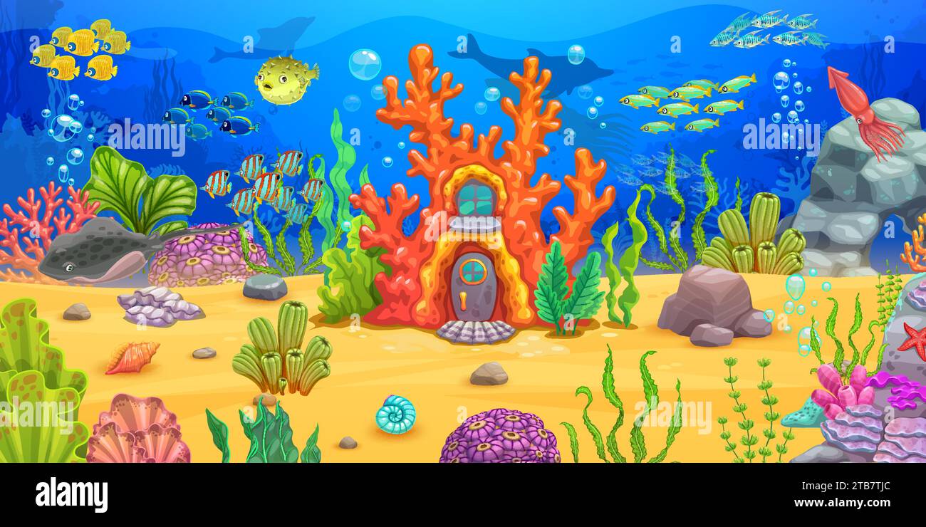 Ocean coral reef house and underwater landscape for game level map ...
