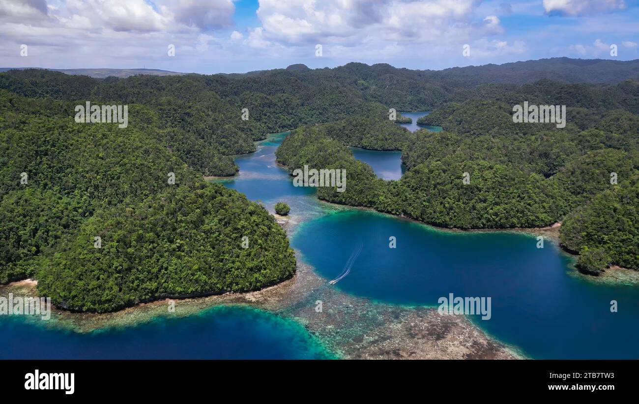 Aerial view of tropical lagoons of Sohoton National Park, Siargao ...