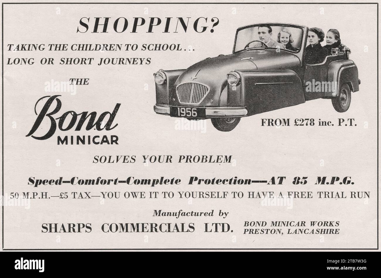 Bond Minicar - The Light Car - August 1956 - - Vintage car advertising Stock Photo - Alamy