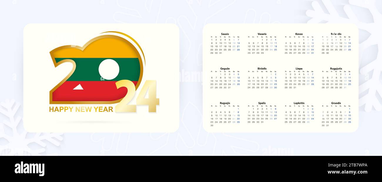 Horizontal Pocket Calendar 2024 in Lithuanian language. New Year 2024 ...