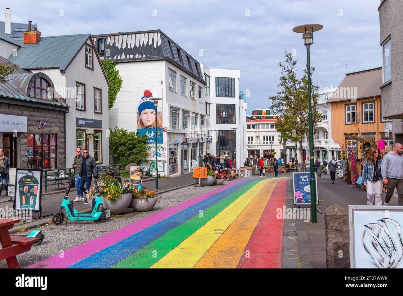 Reykjavik, Iceland - 26 July 2023: Row of tenement houses in the center of Reykjavik city ...