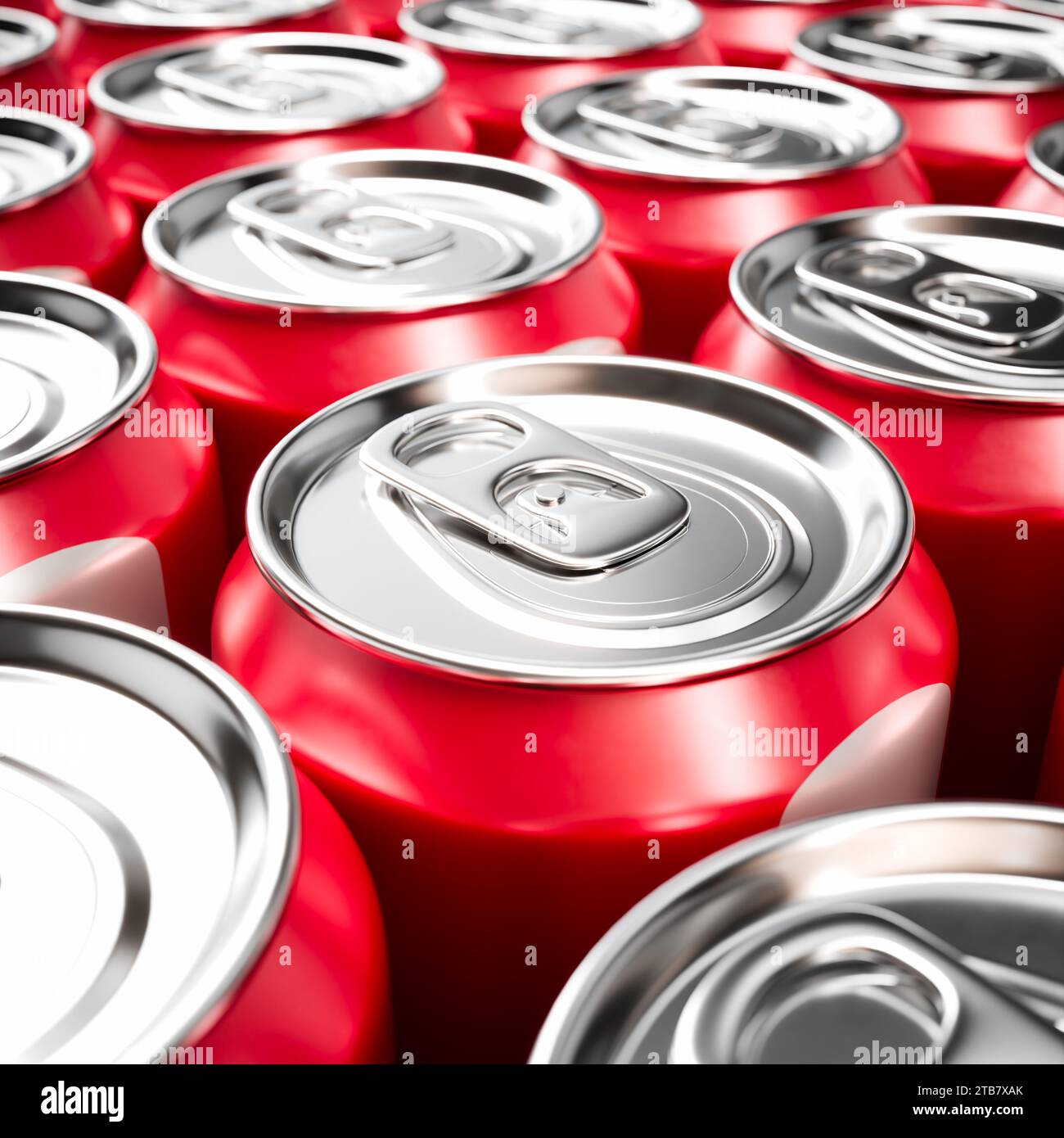 High-angle, close-up shot showcasing a collection of red aluminum cans ...