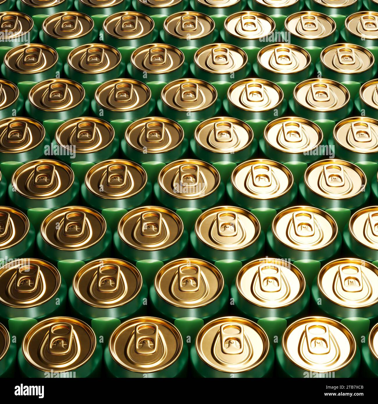 A detailed, expansive view of uniformly aligned golden beverage can ...