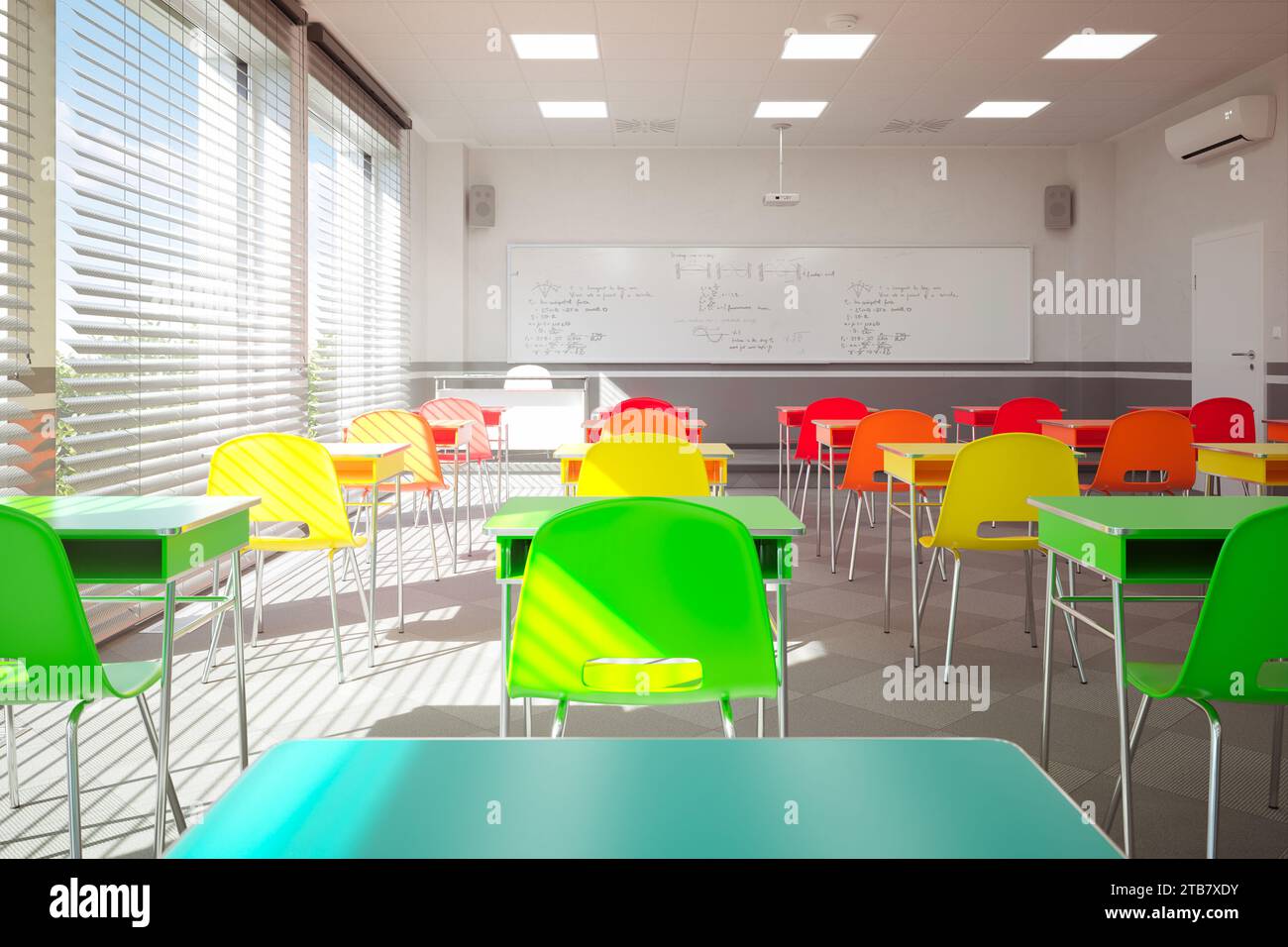 A well-lit, organized classroom setting boasting colorful seating ... A well-lit, organized classroom setting boasting colorful seating ...