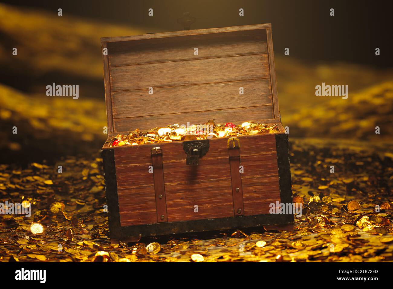 An antique pirate treasure chest overflowing with a dazzling array of ...