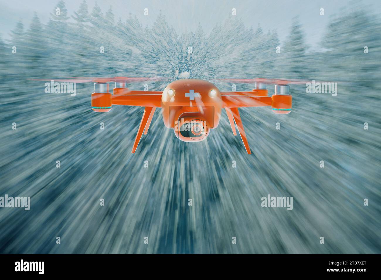 Captivating view of a vivid red drone with dynamic motion blur flying ...