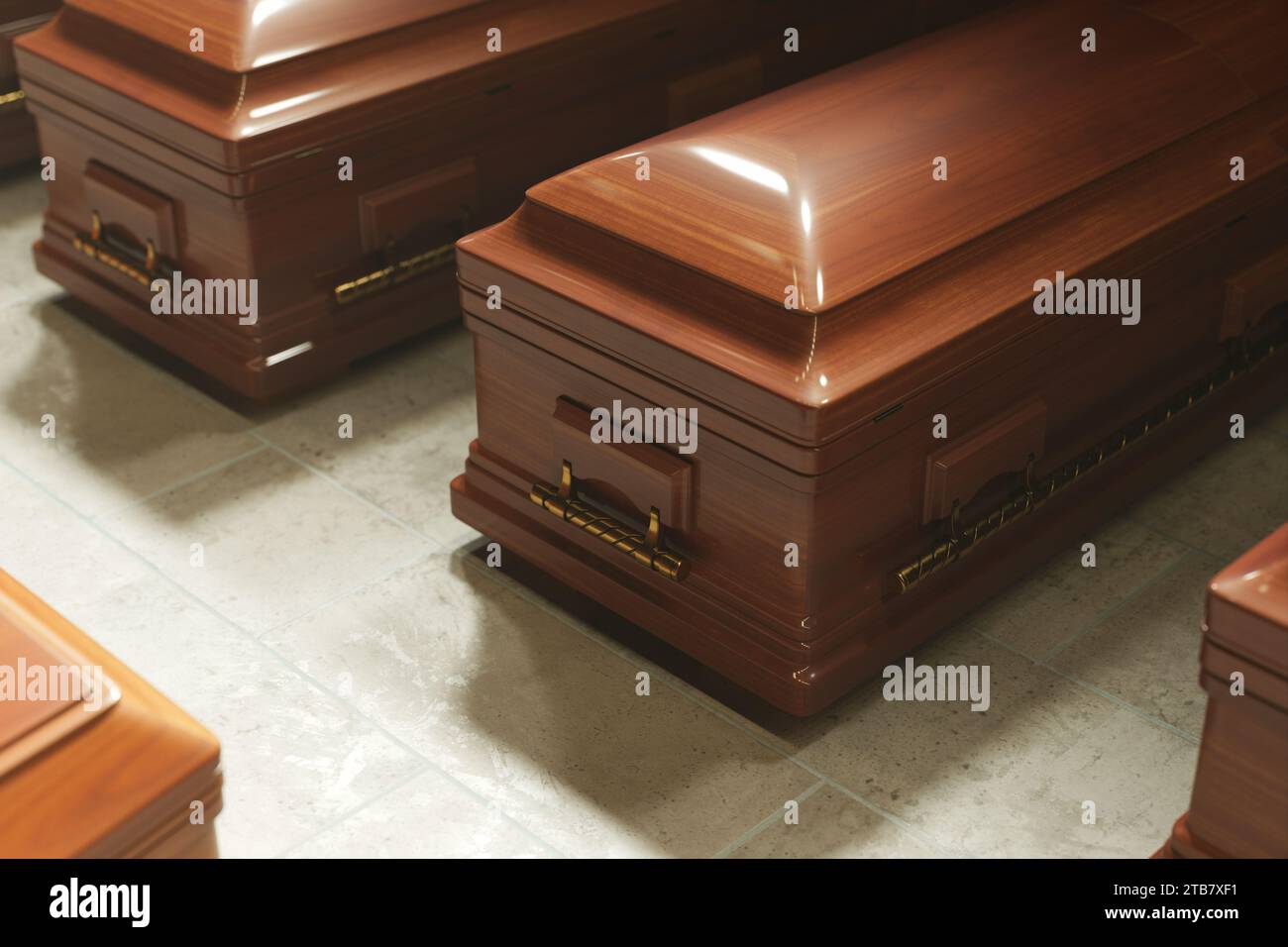 A set of highly-polished, elegant mahogany coffins with shiny brass ...