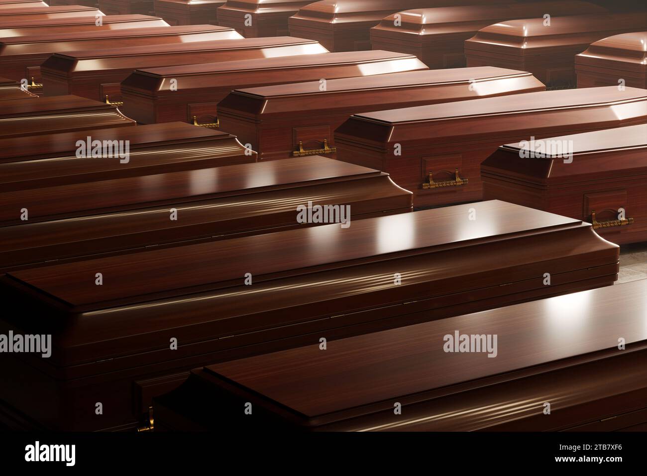 A somber warehouse interior with rows upon rows of highly polished ...