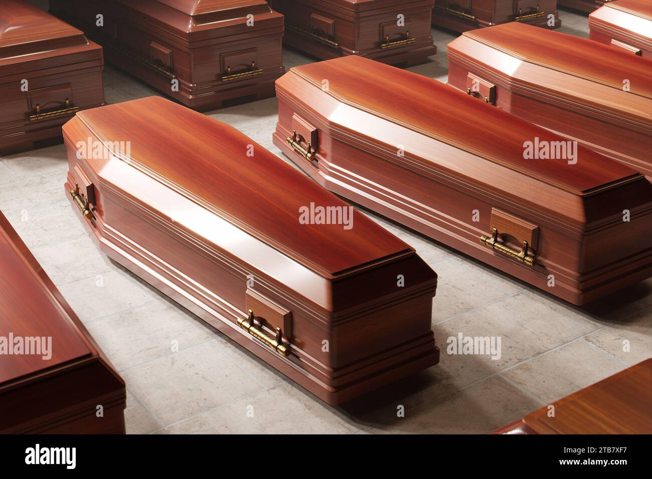 An array of premium wooden coffins with shiny brass handles ...