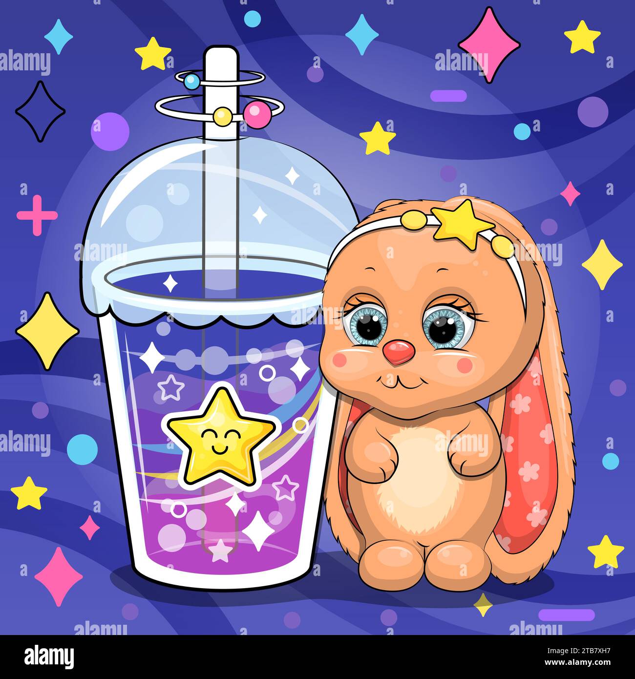 Cute cartoon baby rabbit with a big star drink. Vector illustration of ...