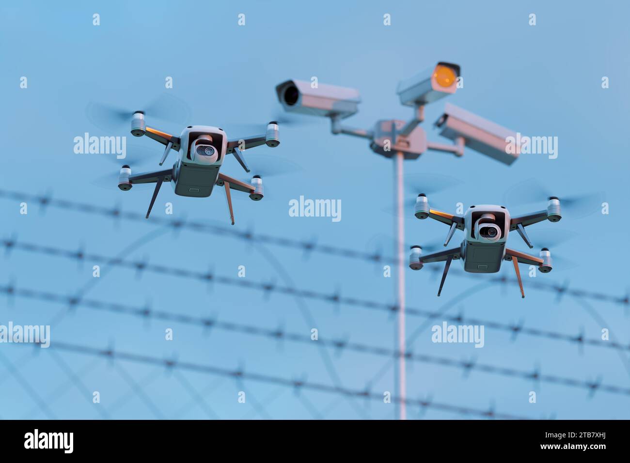 In a stark portrayal of modern security measures, two unmanned drones ...
