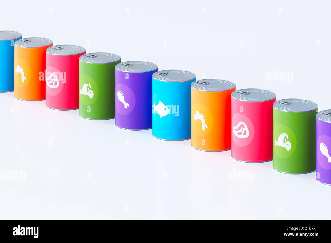 An array of colorful canned pet food, featuring various animal icons ...