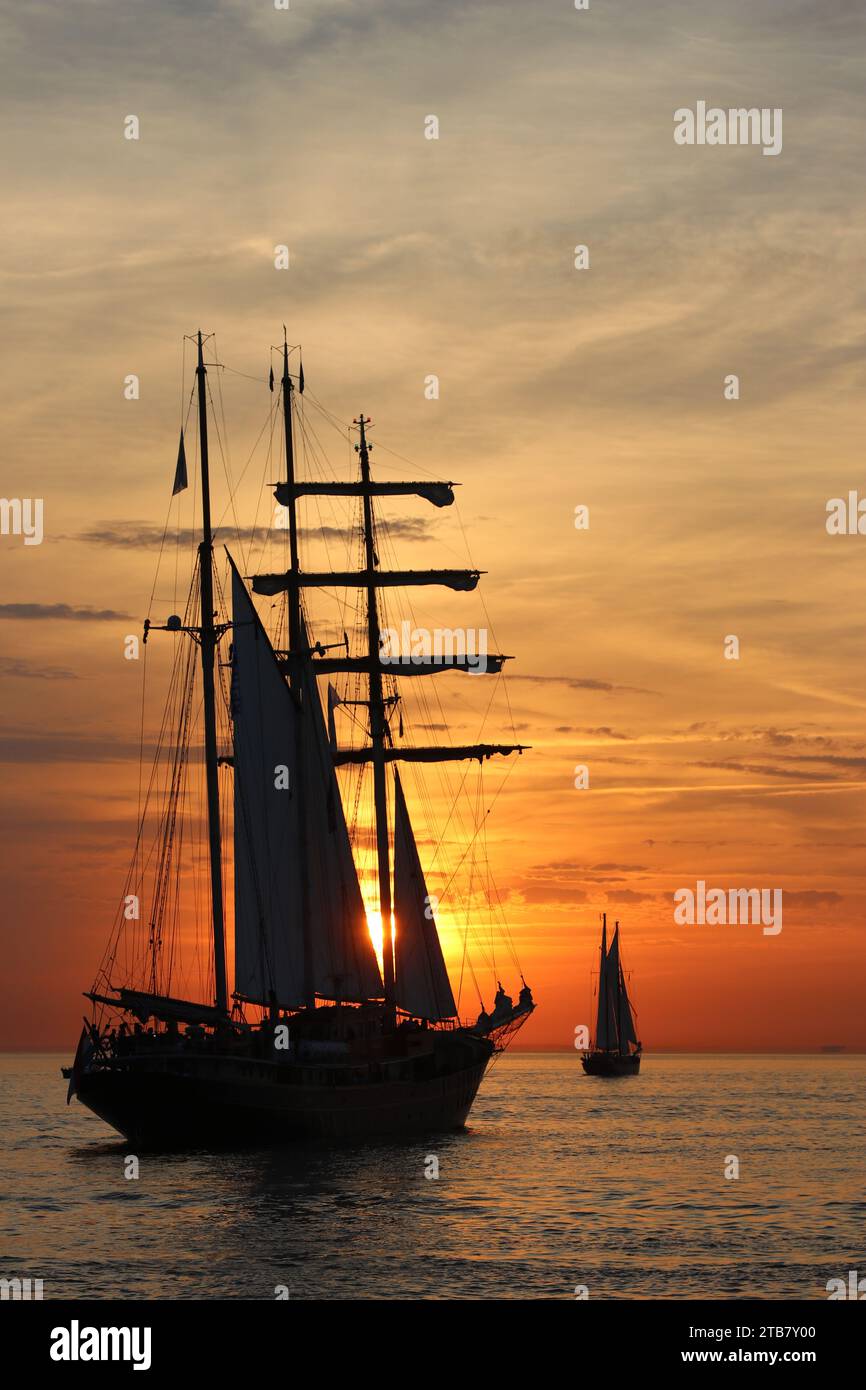 A stunning vertical shot of an array of boats sailing across a serene ...