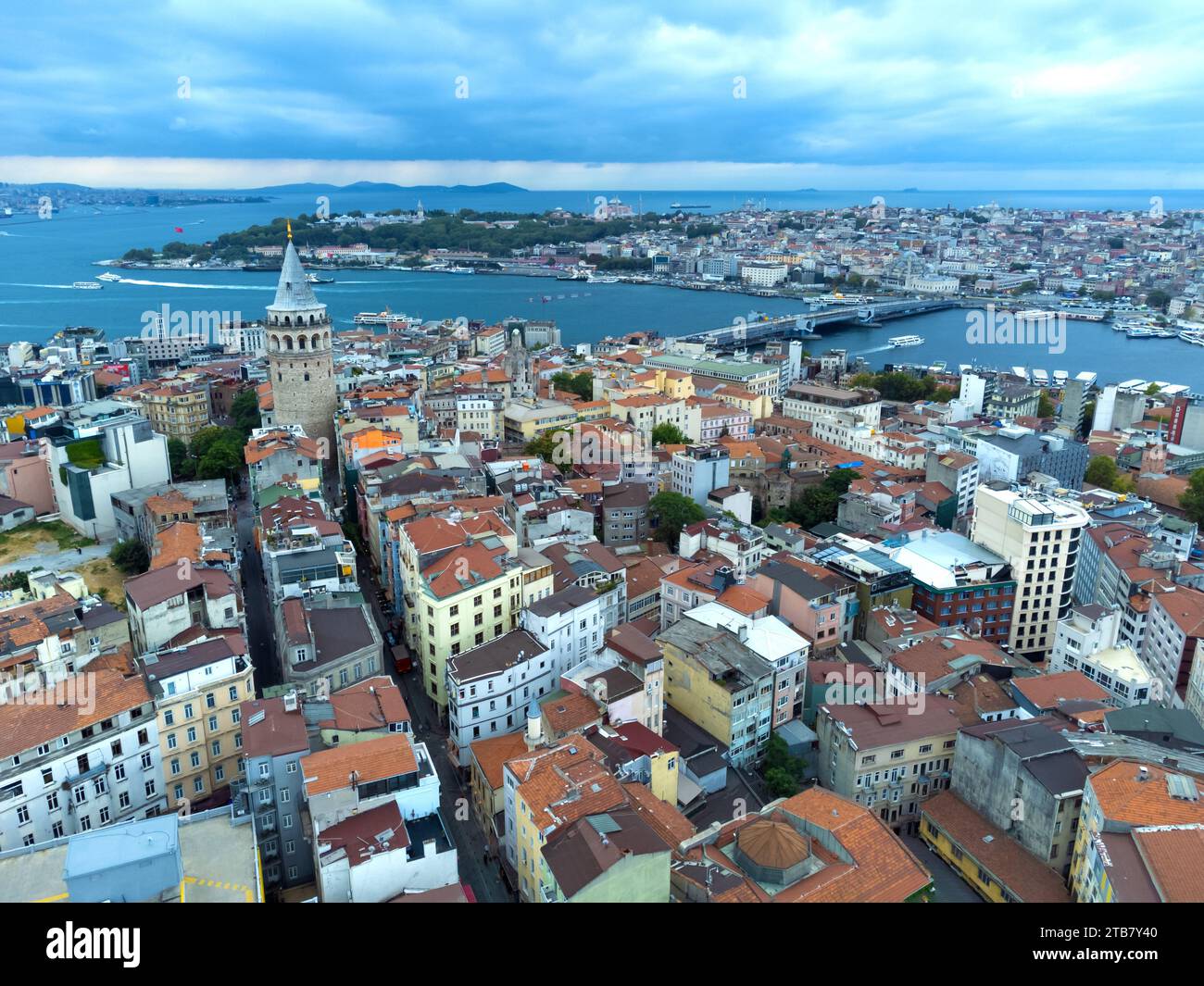 Drone view of the Galata Tower, historical center of Istanbul ...