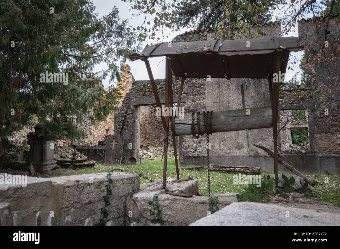 View of the remains of the town cemetery, there are tombstones and a ...
