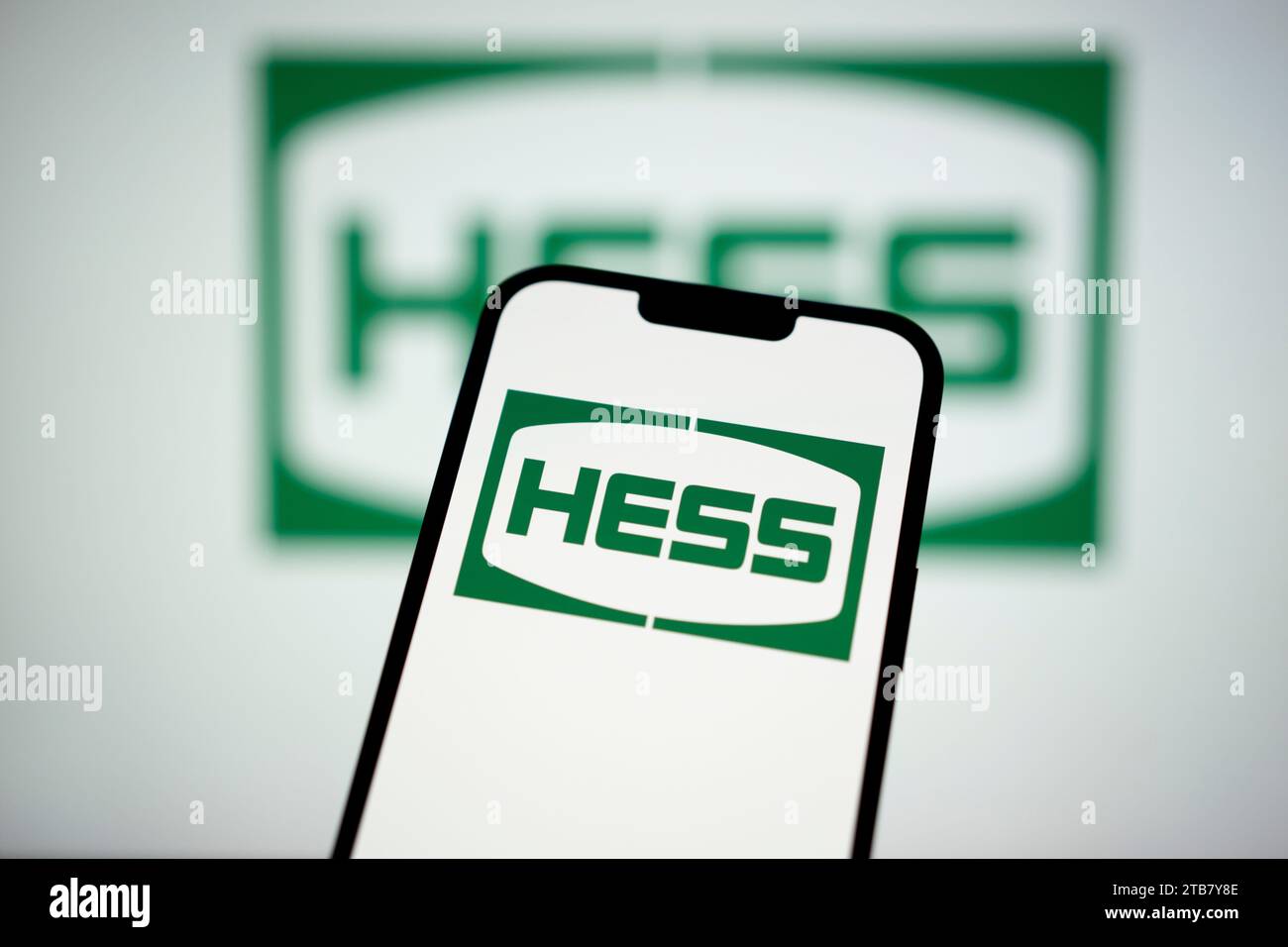 The Hess logo is seen in this photo illustration on 13 March, 2023 in Warsaw, Poland Stock Photo ...