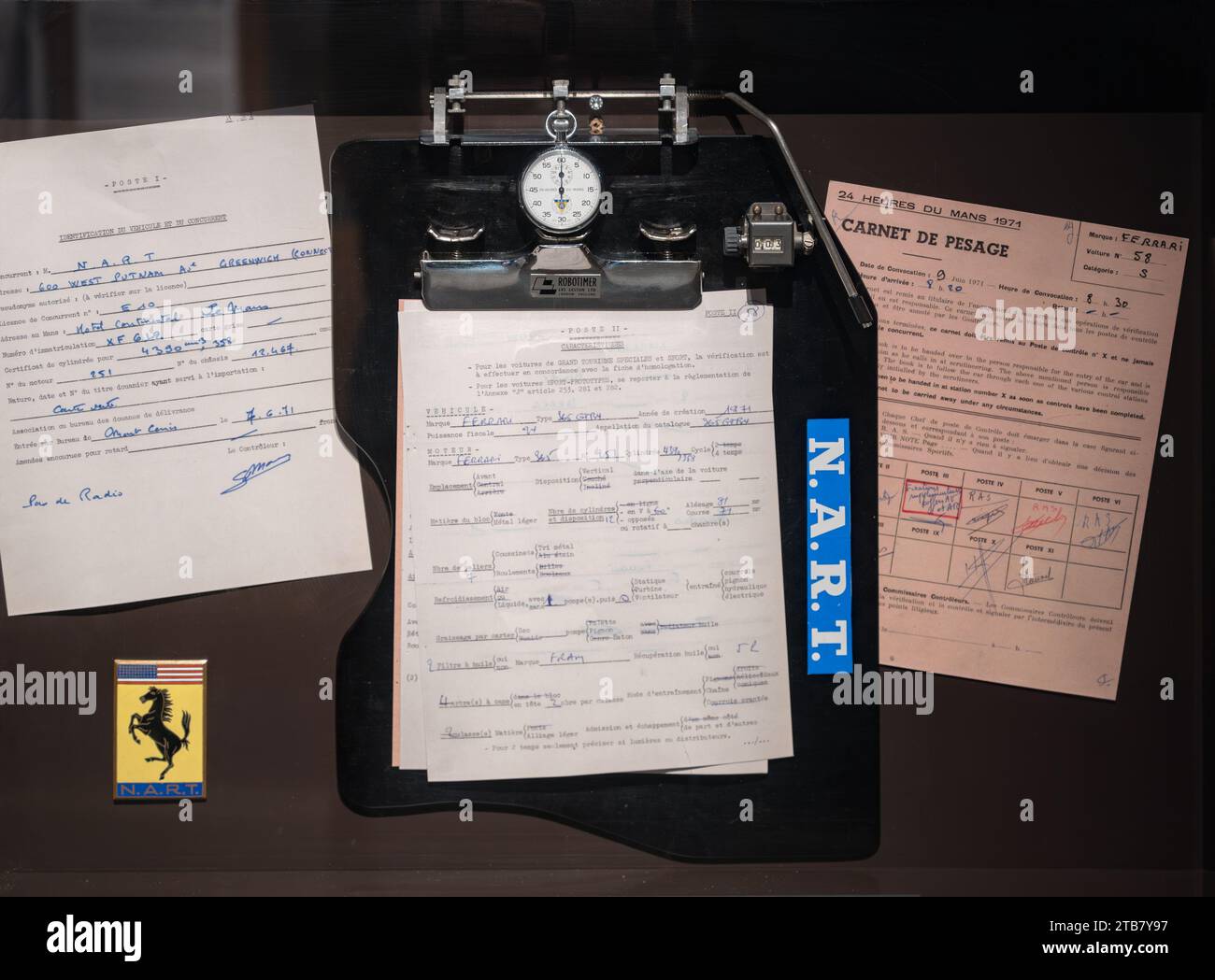 Detail of the timing board of the NART Ferrari racing team and the ...