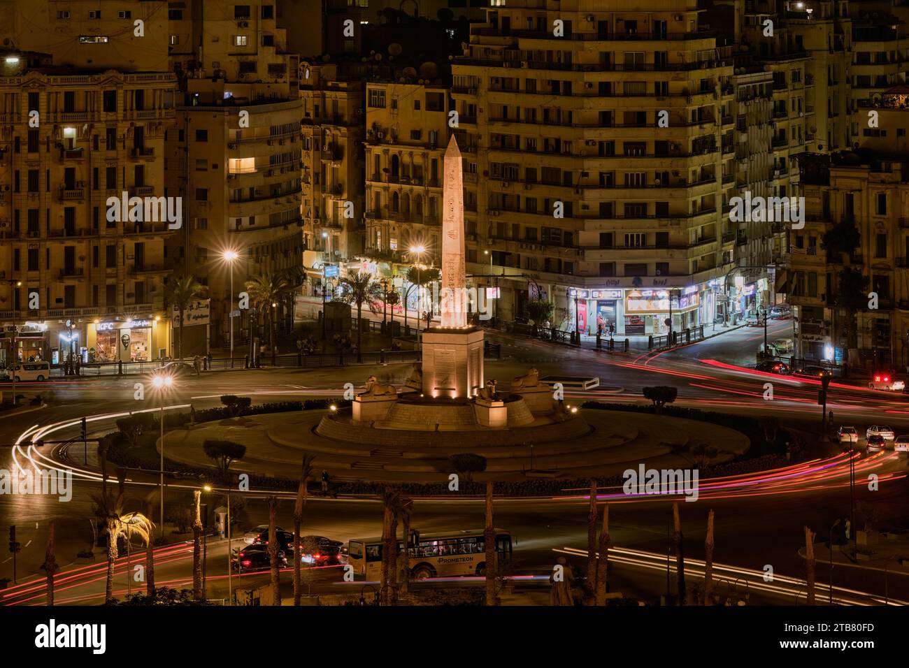 An aerial nighttime view of El-Tahrir Square in Cairo, Egypt Stock ...