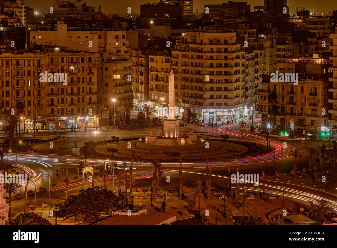 An aerial nighttime view of El-Tahrir Square in Cairo, Egypt Stock ...