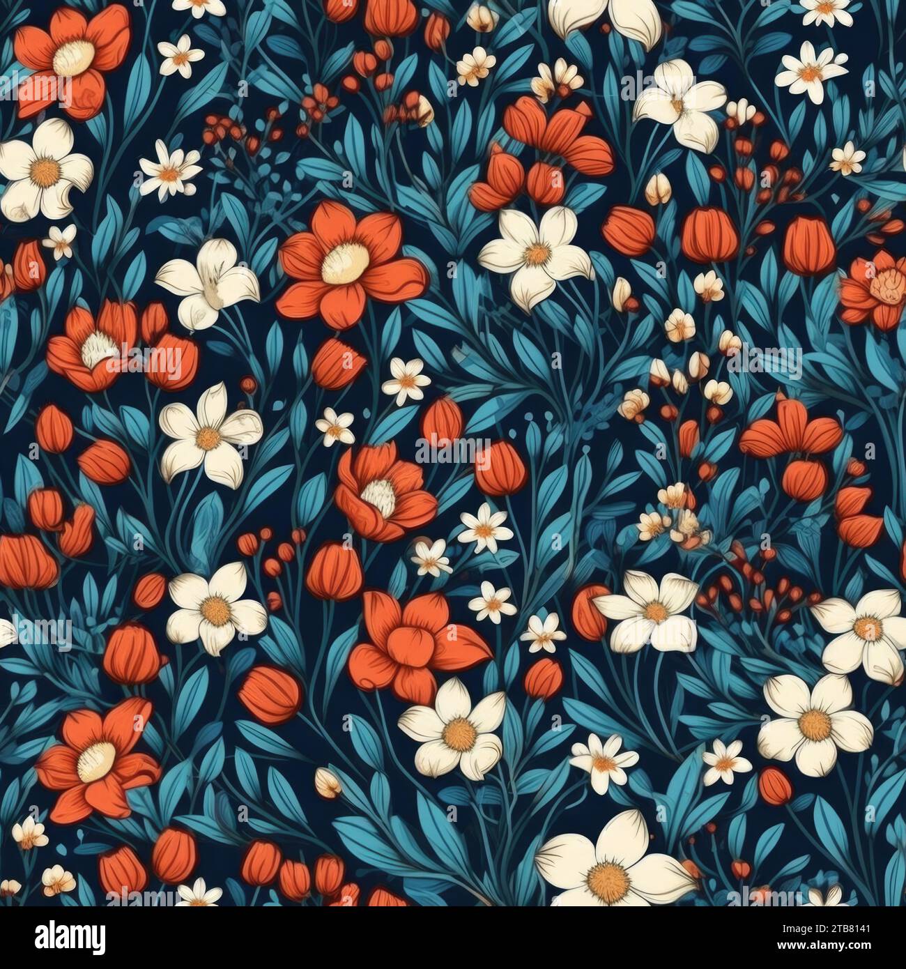 An image of a blue and orange floral wallpaper design Stock Photo - Alamy