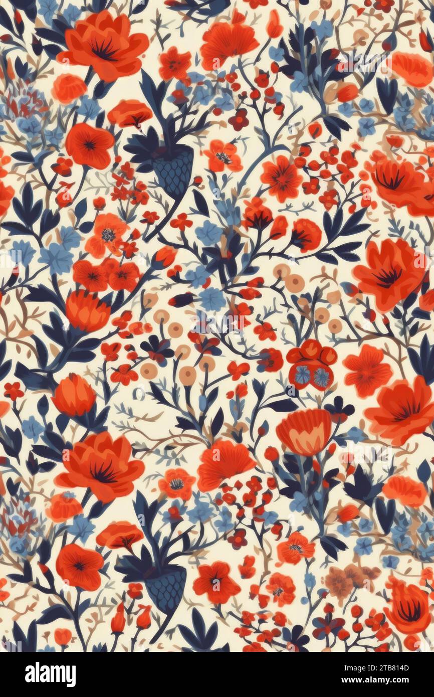 An antique-style floral pattern featuring vibrant red and blue flowers ...
