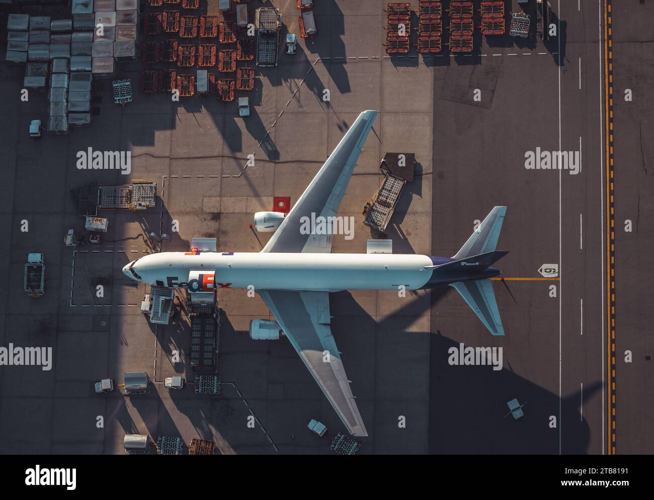 An aerial view of a Federal Express Boeing 767 airplane at Boston's ...