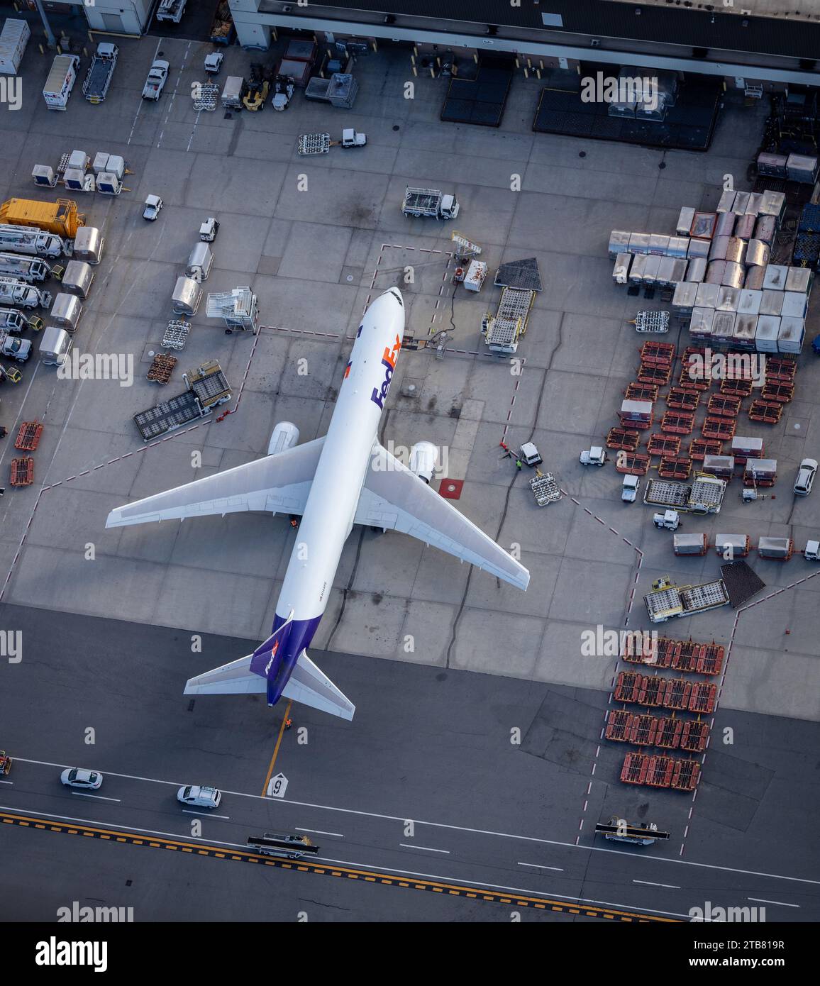 An aerial view of a Federal Express Boeing 767 airplane at Boston's ...