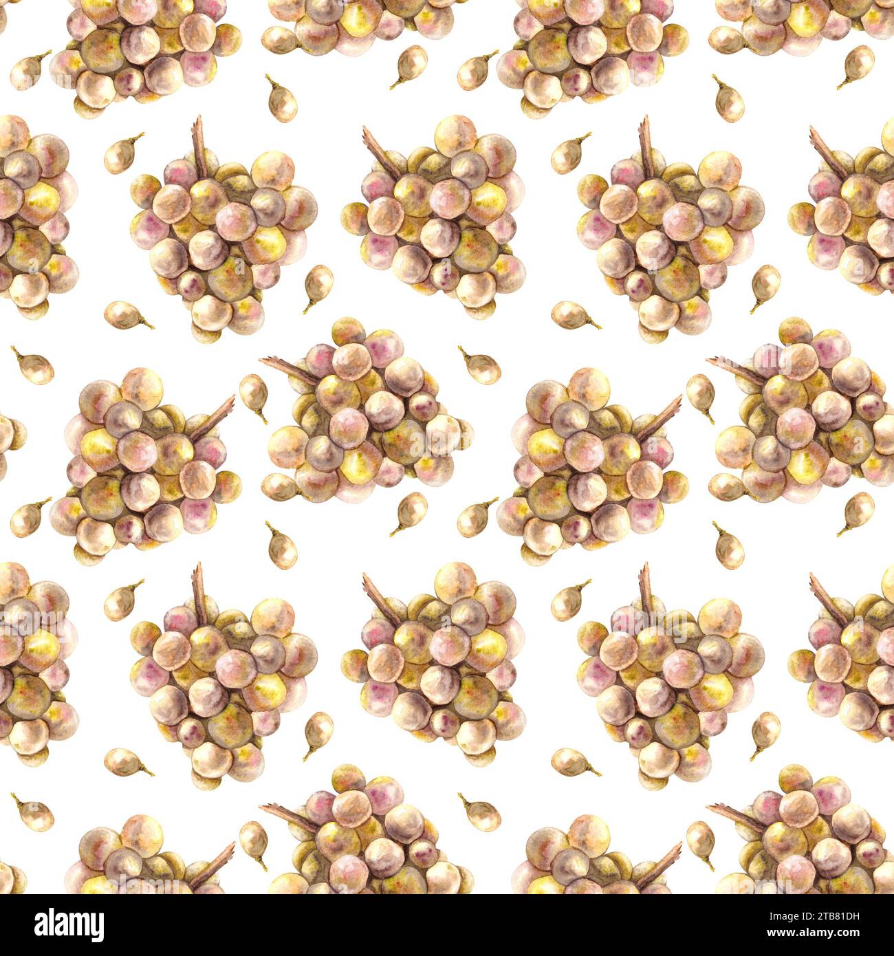 Watercolor seamless pattern. Bunch of green yellow grapes, leaves and ...