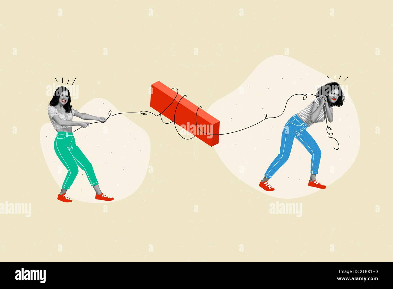 Collage picture of two black white colors girls hardworking arms pull ...