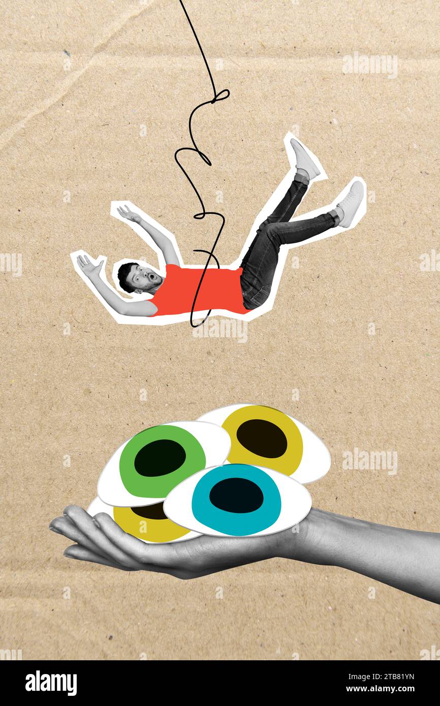 Picture collage image of crazy man falling down huge human arm palm ...