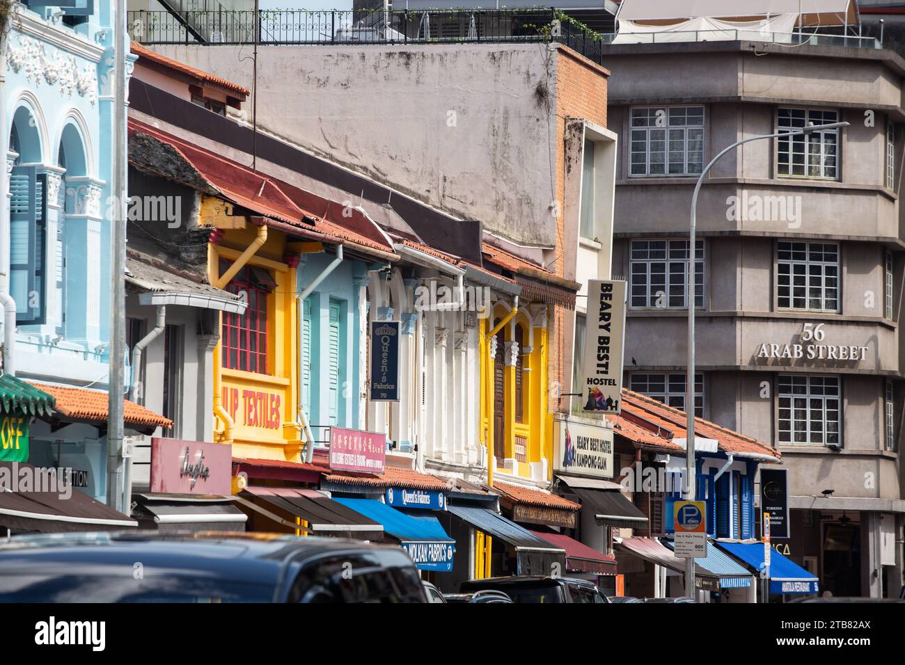Close view of conserved traditional shophouse along Arab Street. The ...