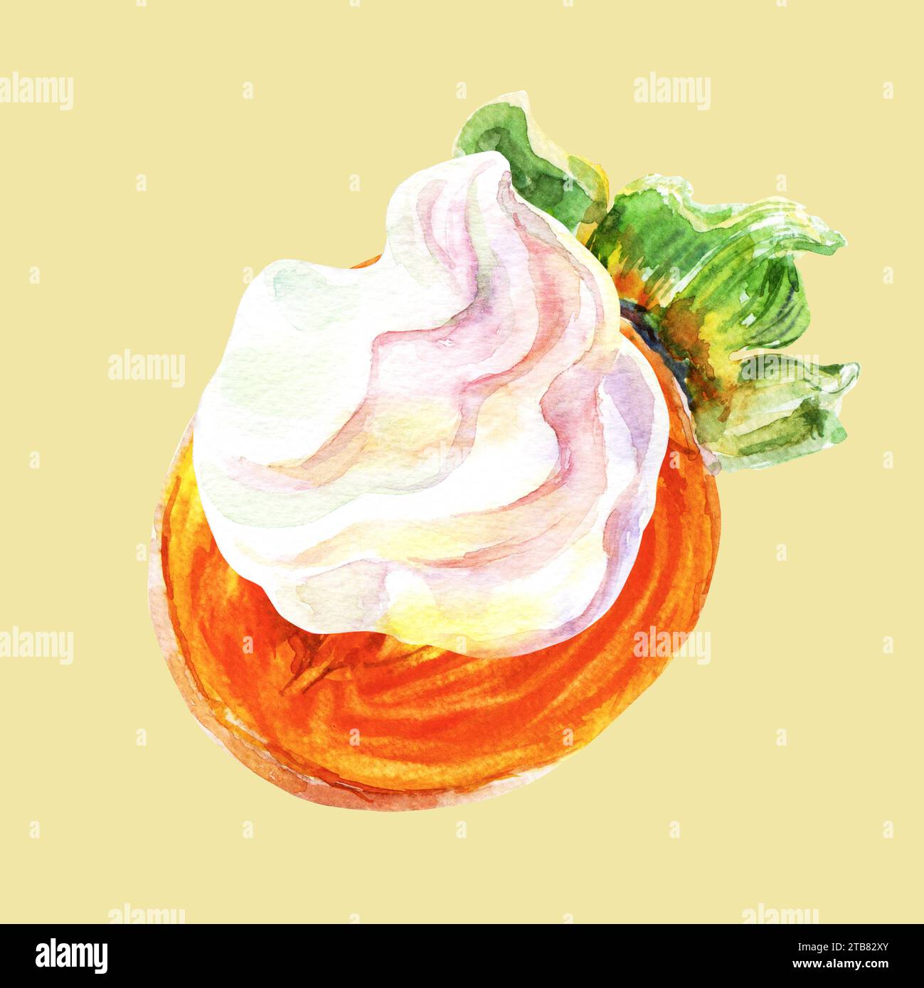 Template of persimmon orange fruit with leaves. Watercolor hand-drawn ...