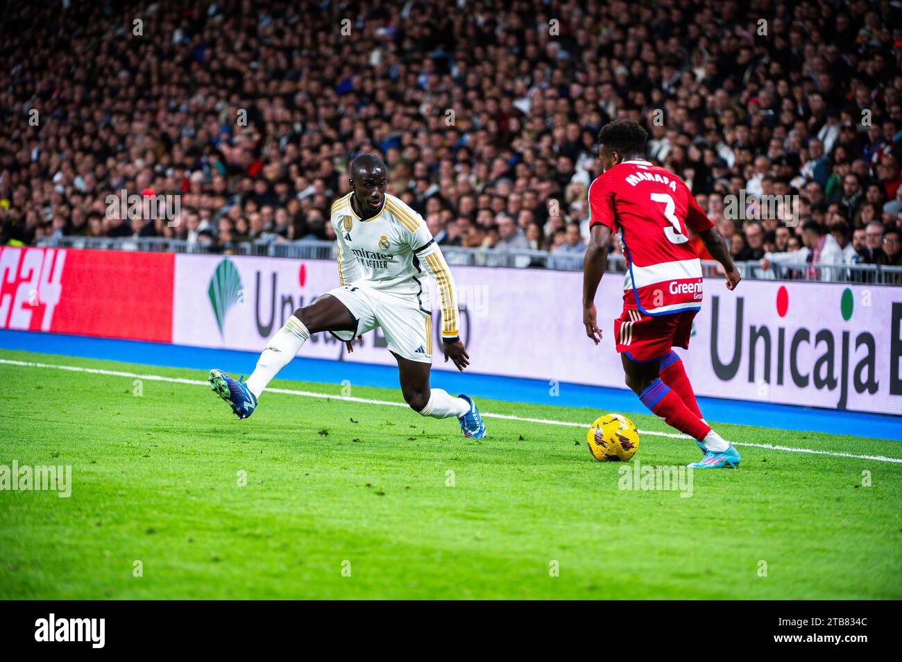 Madrid, Spain. 02nd Dec, 2023. Ferland Mendy (L) of Real Madrid and ...