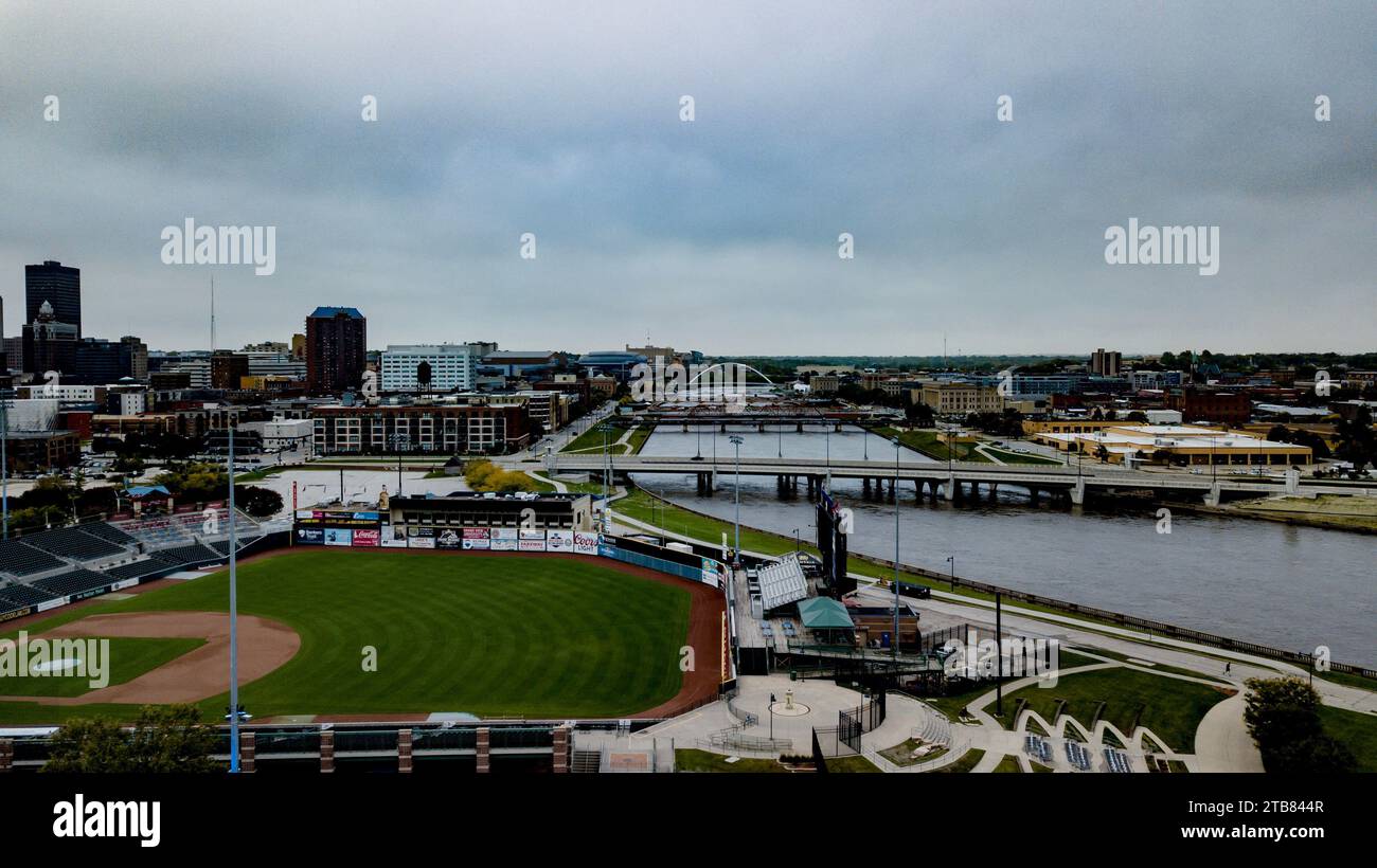 An aerial shot of the Des Moines, IA cityscape, with the downtown area ...