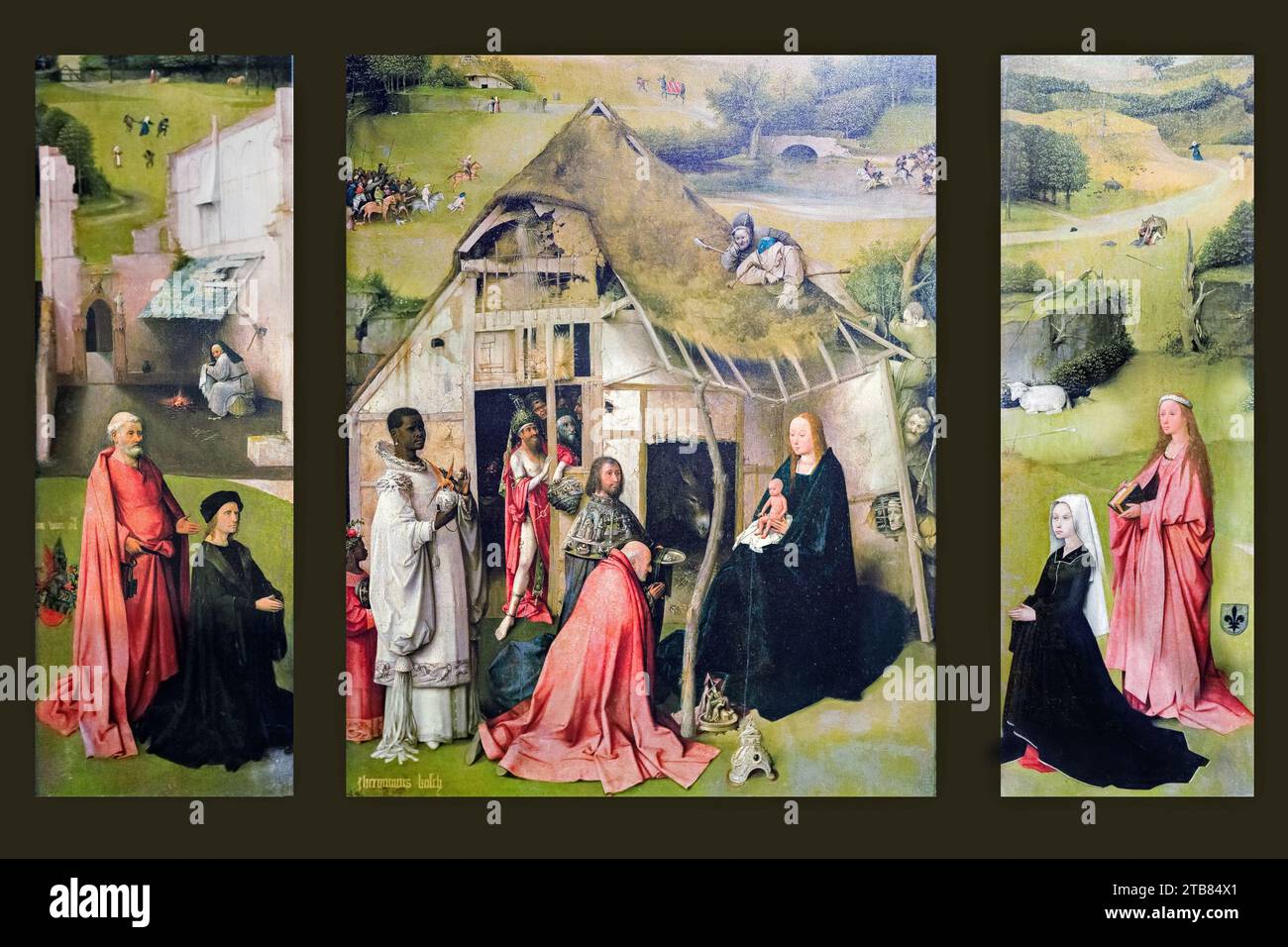 THE ADORATION OF THE MAGI, by Hieronymus Bosch, 1475. In the center, Our Lady shows the baby to ...