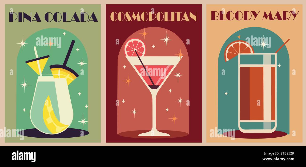 Cocktails Retro Poster Set Vector Art Illustration Stock Vector Image