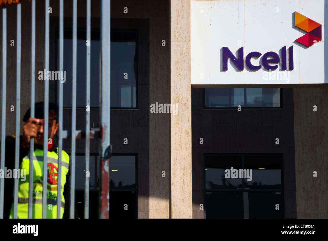 On December 5, 2023, in Kathmandu, Nepal. A Security personnel stand ...