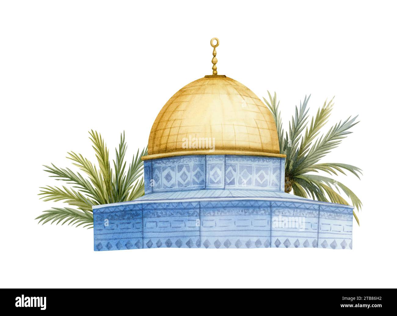 Mosque Dome of the Rock with palm trees in Jerusalem watercolor ...