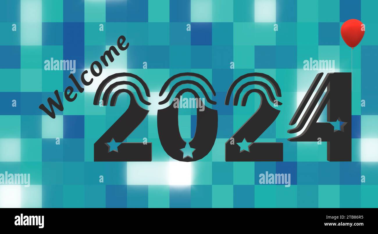 welcome 2024 text on blue green background with red balloon with 3D ...