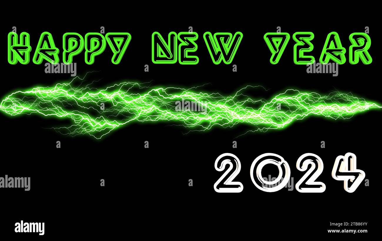 green electricity wave with 2024 happy new year text on dark background ...